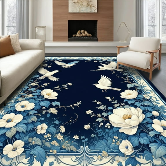 Flatwoven High Traffic Area Rug, Enchanted Garden Floral Birds Low Pile ...