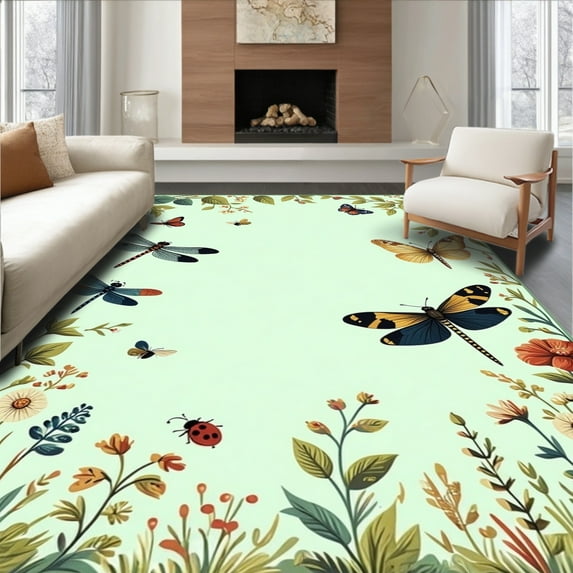 Flatwoven High Traffic Area Rug, Enchanted Garden Insect Print With ...