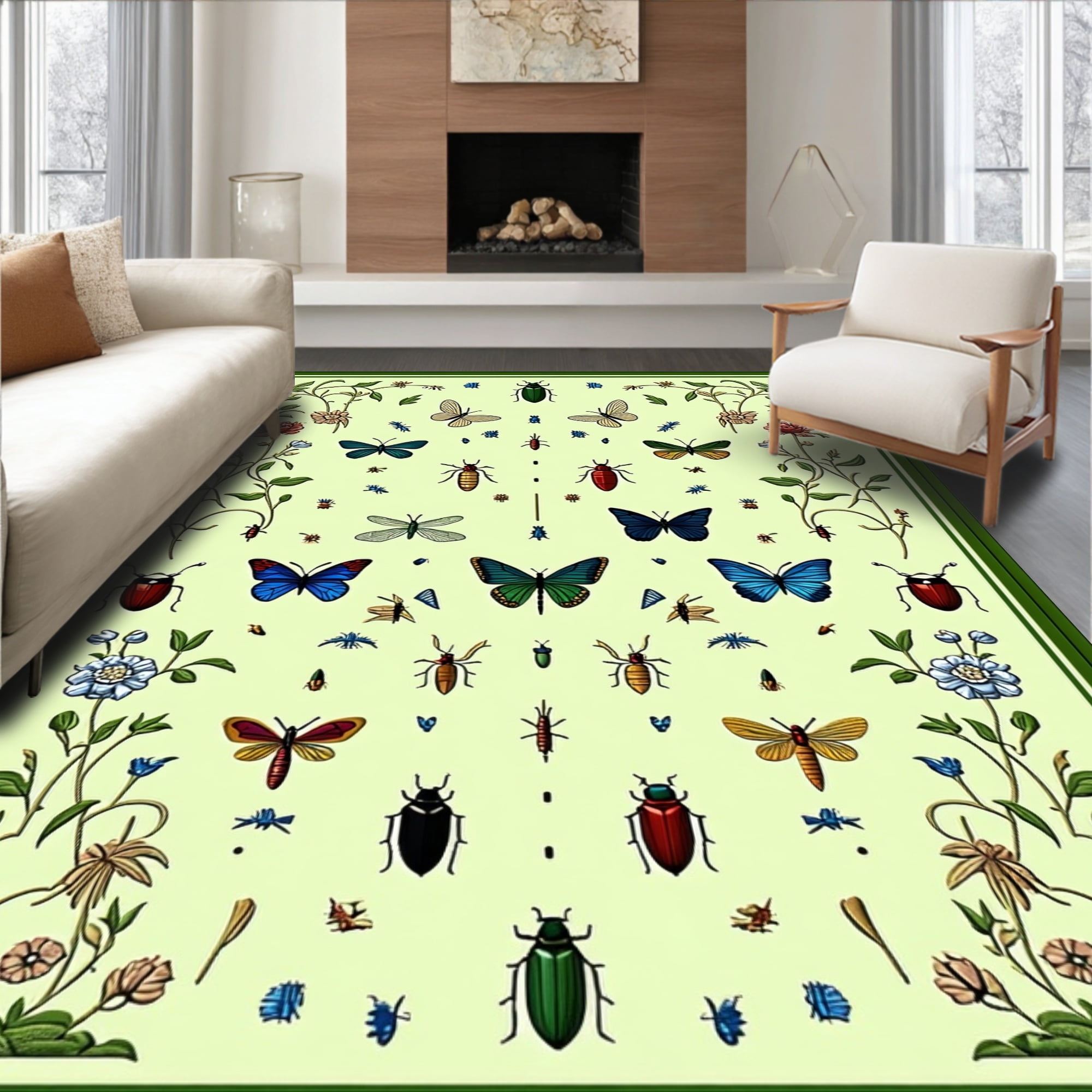 Flatwoven High Traffic Area Rug, Enchanted Garden Insect Print Low ...