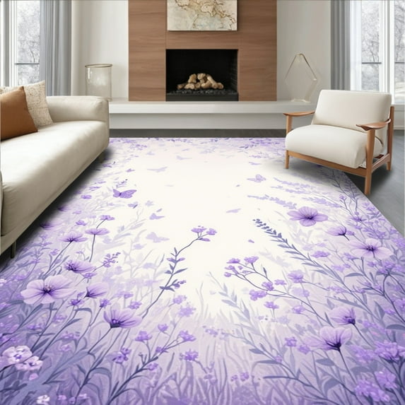 Flatwoven High Traffic Area Rug, Enchanted Lilac Meadow Floral Sprig ...