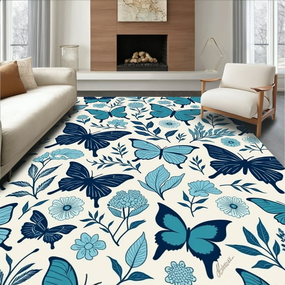 Flatwoven High Traffic Area Rug, Enchanting Butterfly Garden With ...