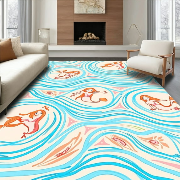 Flatwoven High Traffic Area Rug, Enchanting Mermaid and Ocean Waves ...