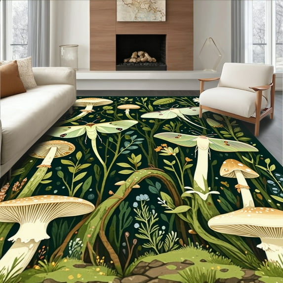 Flatwoven High Traffic Area Rug, Enchanting Moth and Mushroom Forest ...