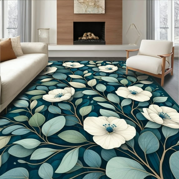 Flatwoven High Traffic Area Rug, Eucalyptus Leaf & Bloom Harmony Design ...