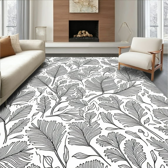 Flatwoven High Traffic Area Rug, Exotic Floral Illustration Monochrome ...