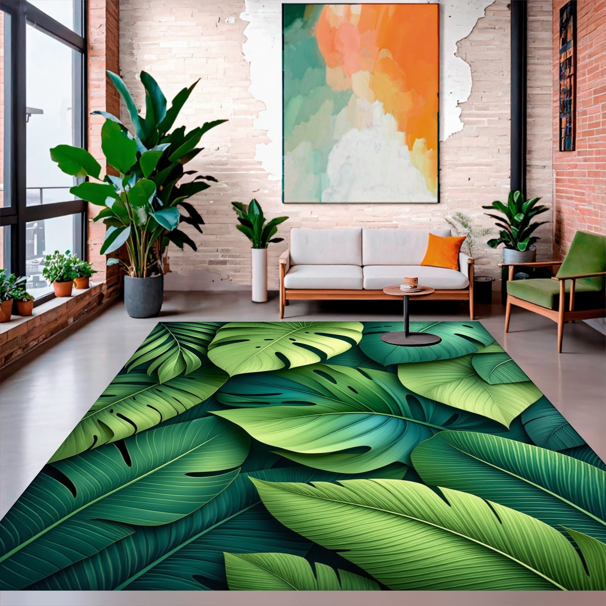 Flatwoven High Traffic Area Rug, Exotic Jungle Leaf Print, Non Slip ...
