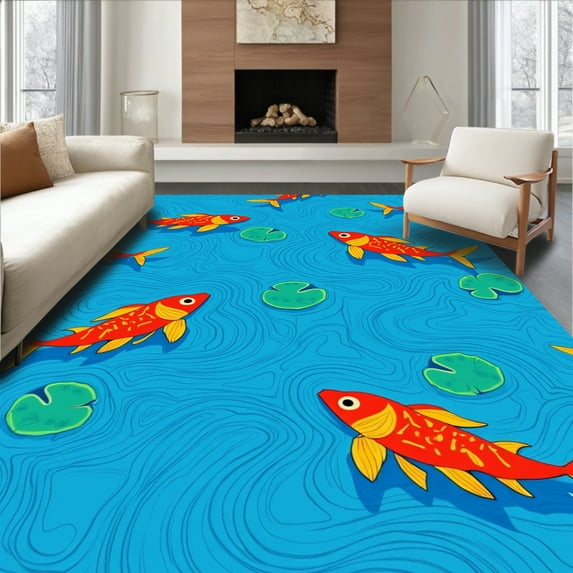 Flatwoven High Traffic Area Rug, Exotic Koi Fish Pond Decorative, Non ...