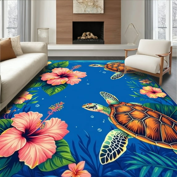 Flatwoven High Traffic Area Rug, Exotic Sea Turtle Silhouettes Amidst ...