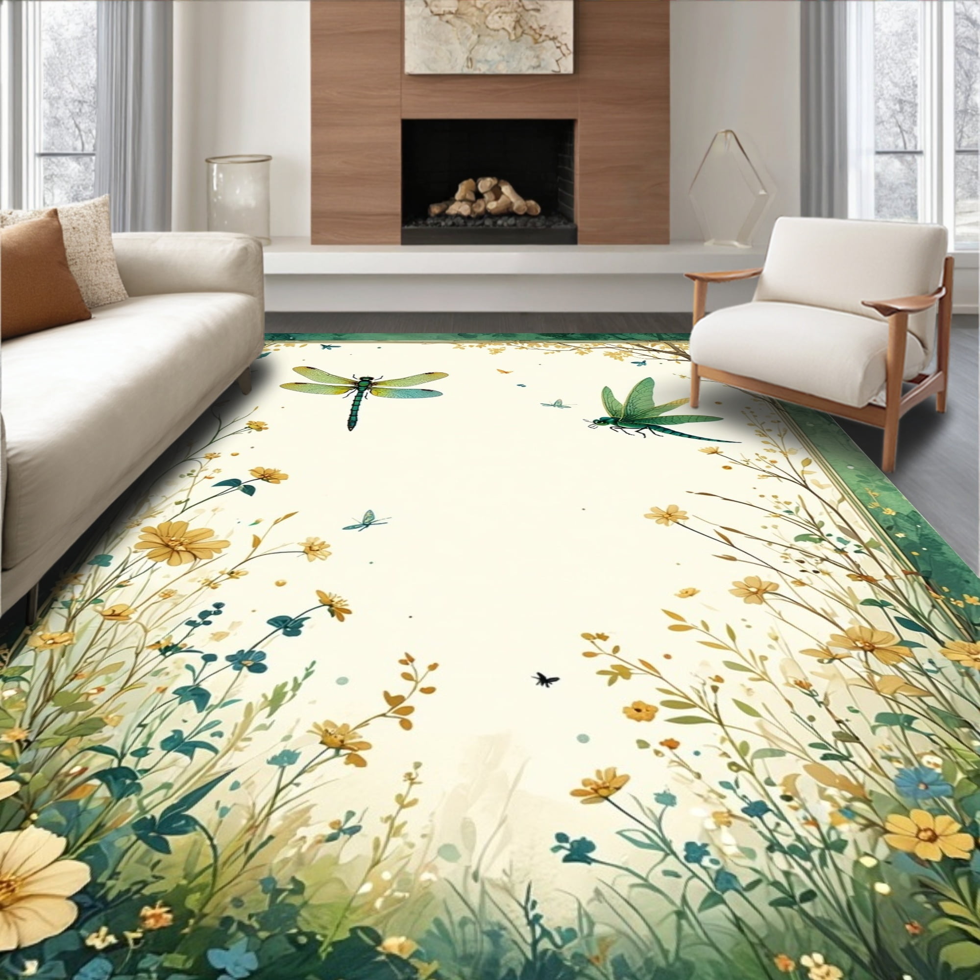 Flatwoven High Traffic Area Rug, Fantasy Insect Garden with Dragonflies ...