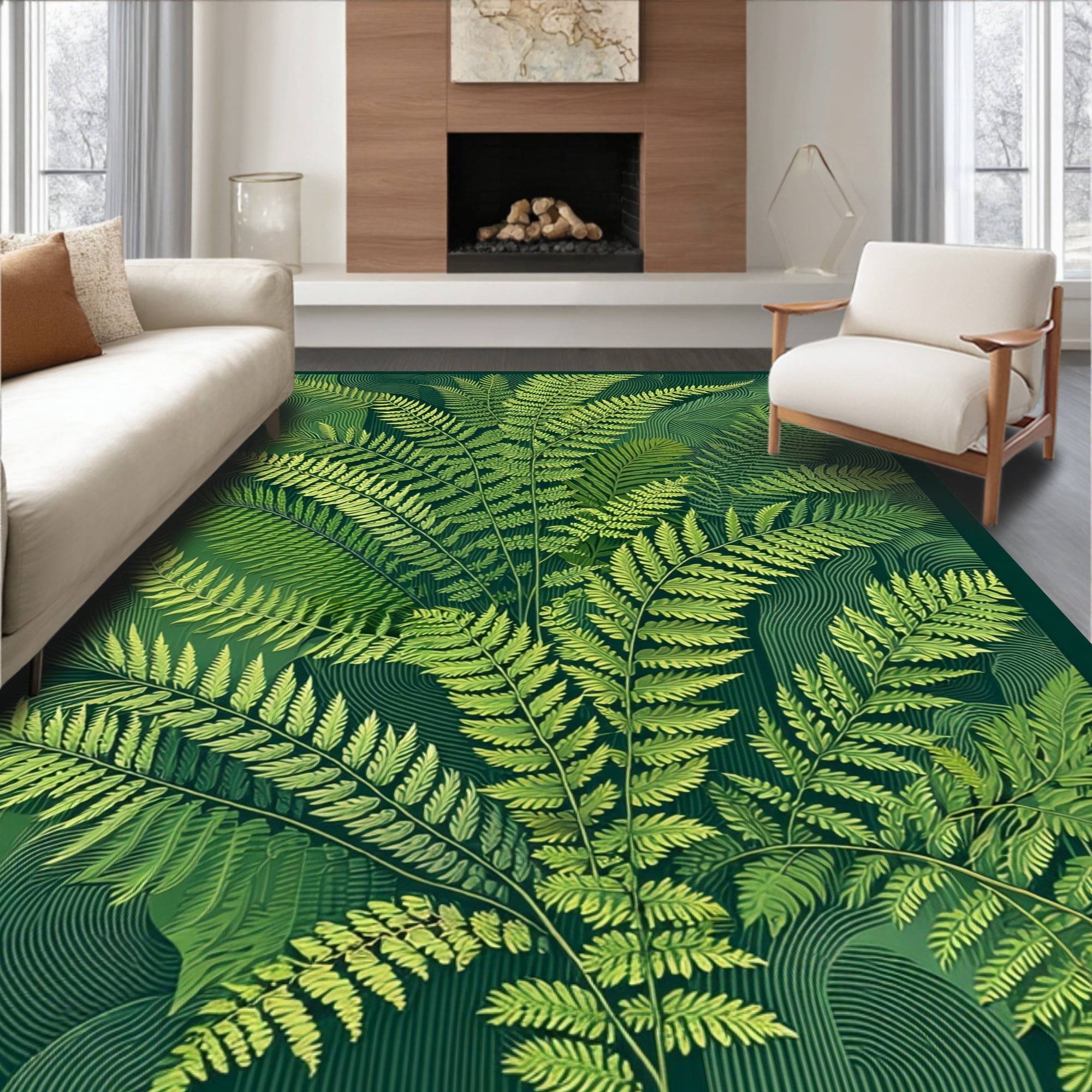 Flatwoven High Traffic Area Rug, Fern Fronds and Curved Lines in ...