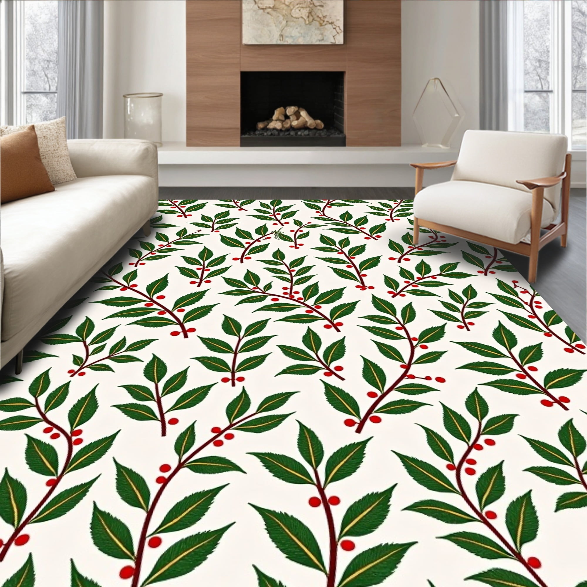 Flatwoven High Traffic Area Rug, Festive Holly Berry Vine Design ...