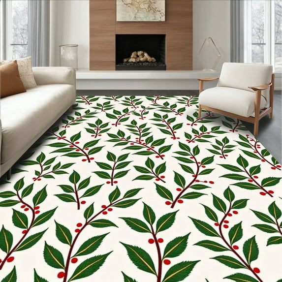 Flatwoven High Traffic Area Rug, Festive Holly Berry Vine Design ...