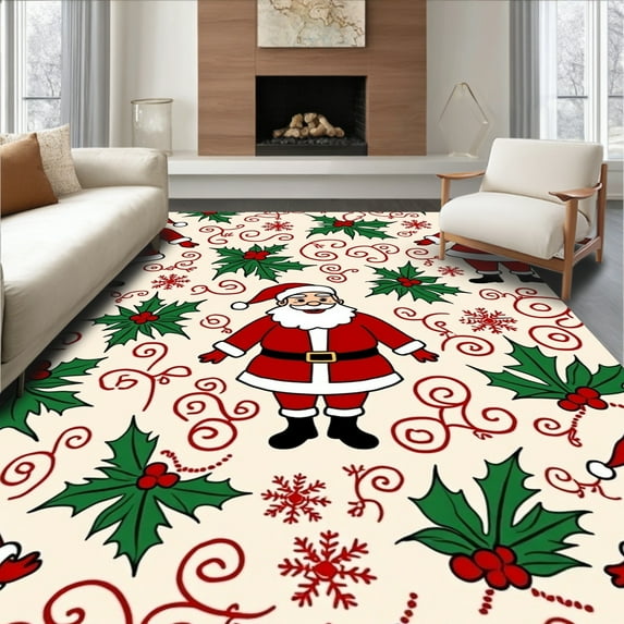 Flatwoven High Traffic Area Rug, Festive Santa Claus and Holly with ...