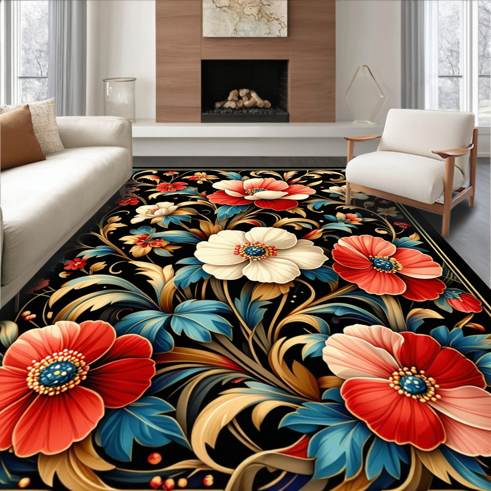 Flatwoven High Traffic Area Rug, Floral Blossom Entrance, Non Slip ...