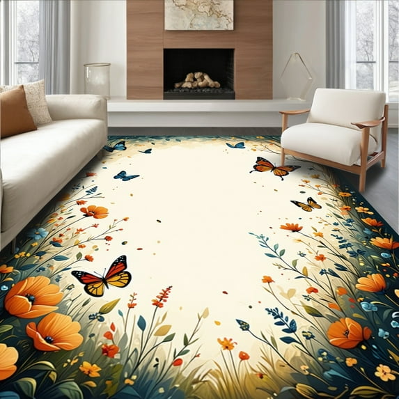 Flatwoven High Traffic Area Rug, Floral Butterfly Garden Nature ...