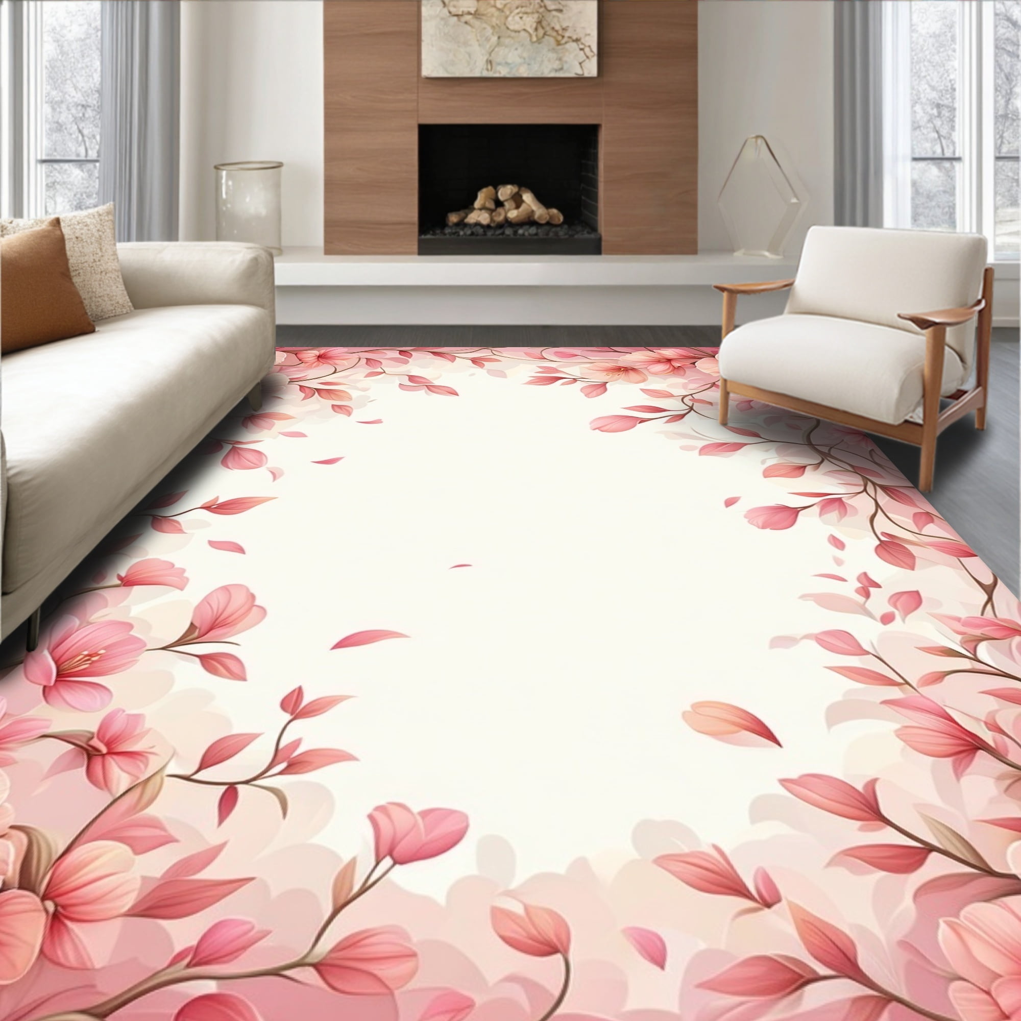 Flatwoven High Traffic Area Rug, Floral Cascade Pink Petal Design, Non ...