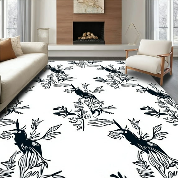 Flatwoven High Traffic Area Rug, Floral Magpie Bird, Non Slip, Stain ...