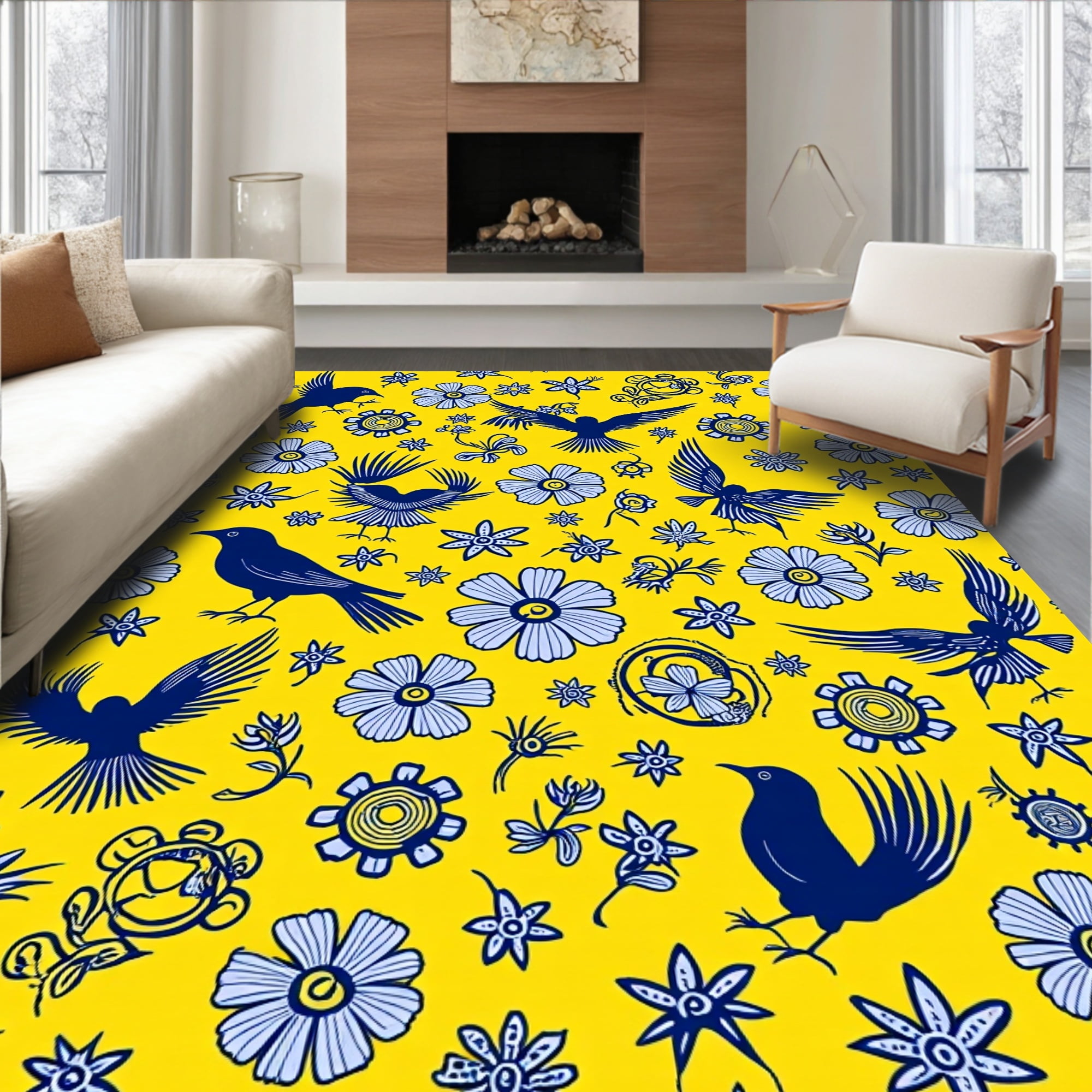 Flatwoven High Traffic Area Rug, Floral Magpies & Bird Motif Entrance ...
