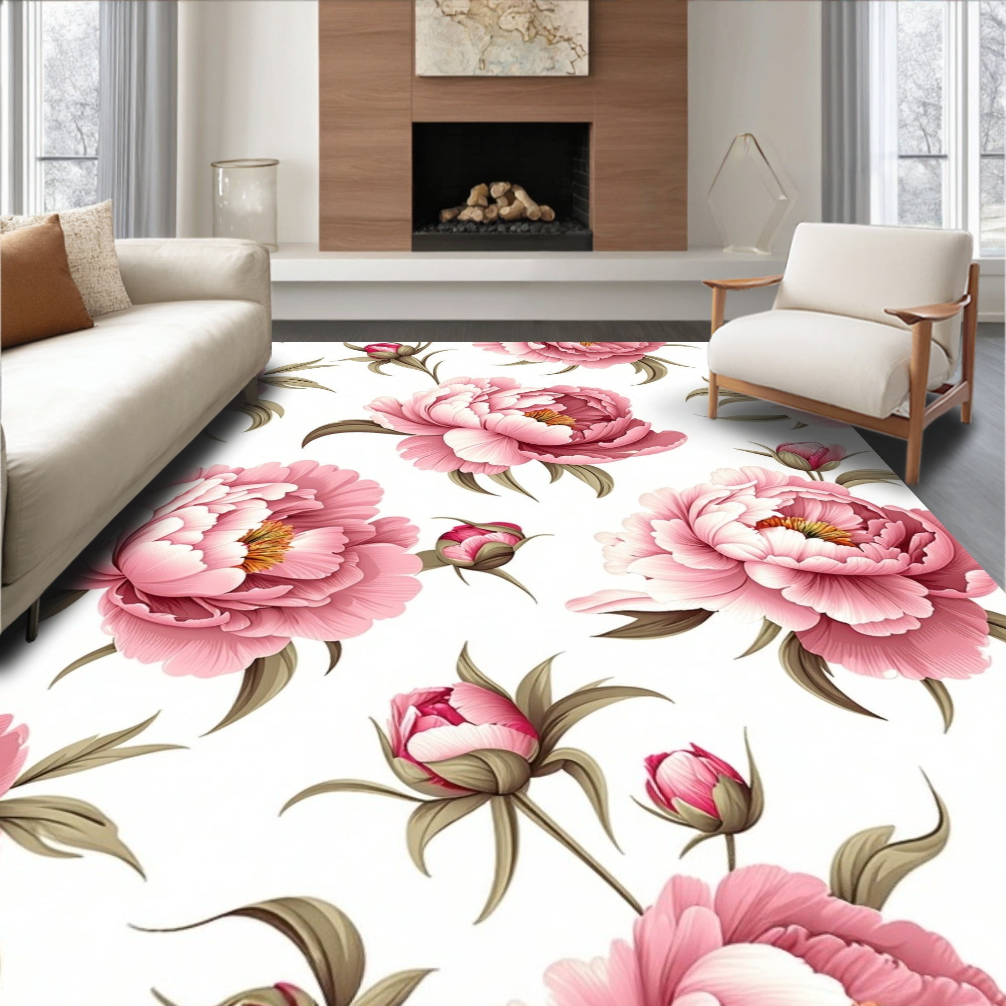 Flatwoven High Traffic Area Rug, Floral Pink Peonies, Non Slip, Stain ...