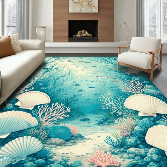 Flatwoven High Traffic Area Rug, Floral Reef Medley with Spiral Shell ...