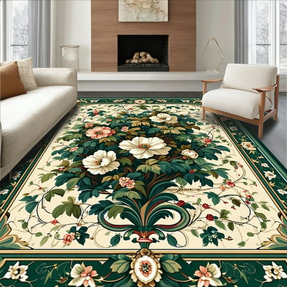 Flatwoven High Traffic Area Rug, Floral Tapestry Design Ornamental ...
