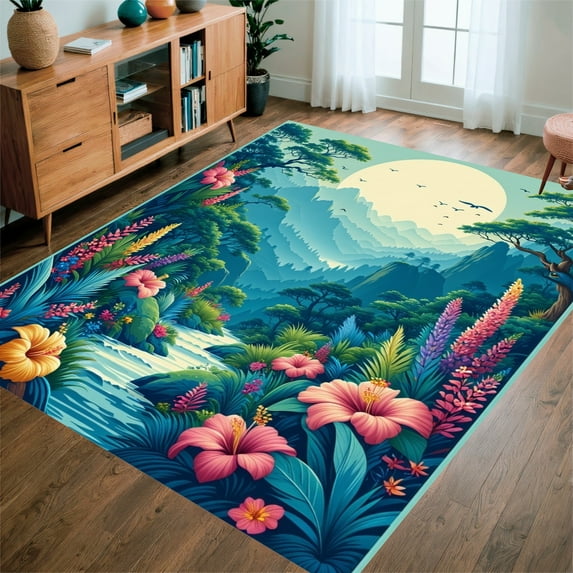 Flatwoven High Traffic Area Rug, Floralscape Tropic Unicorn Plaited ...
