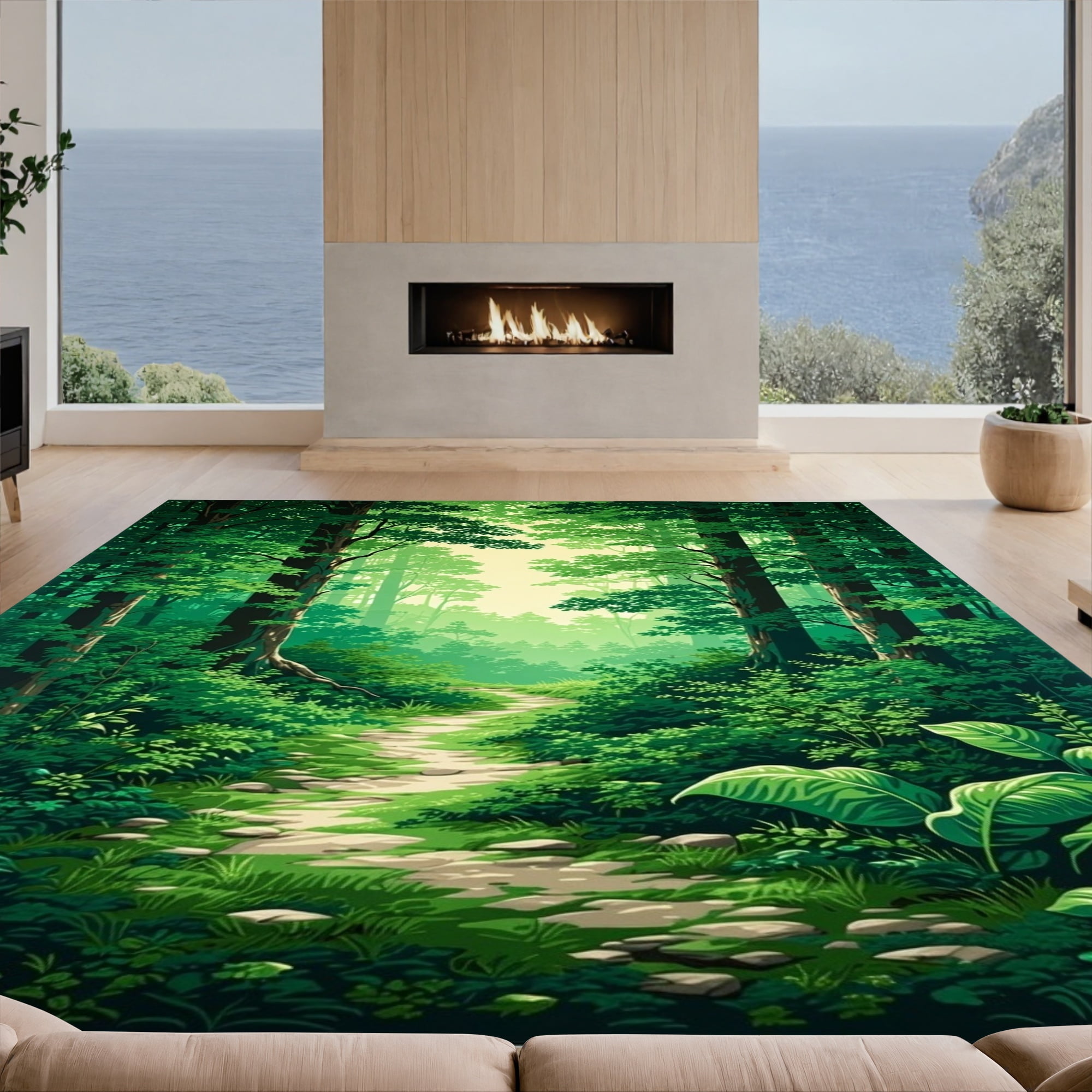 Flatwoven High Traffic Area Rug, Forest Path Verdant Greenscape Design ...