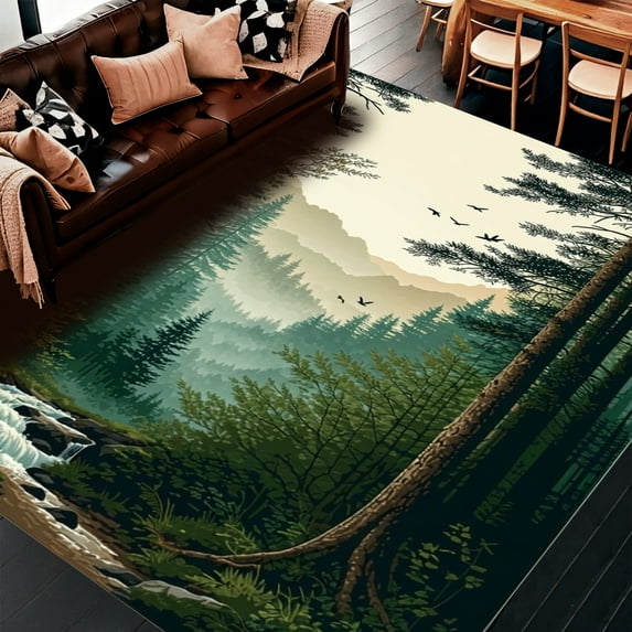 Flatwoven High Traffic Area Rug, Forest Tapestry Floor Covering, Non ...