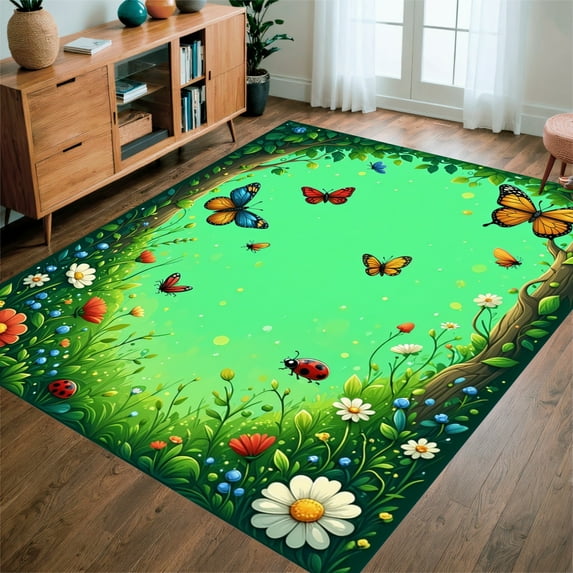 Flatwoven High Traffic Area Rug, Garden Insect With Floral Accents, Non ...