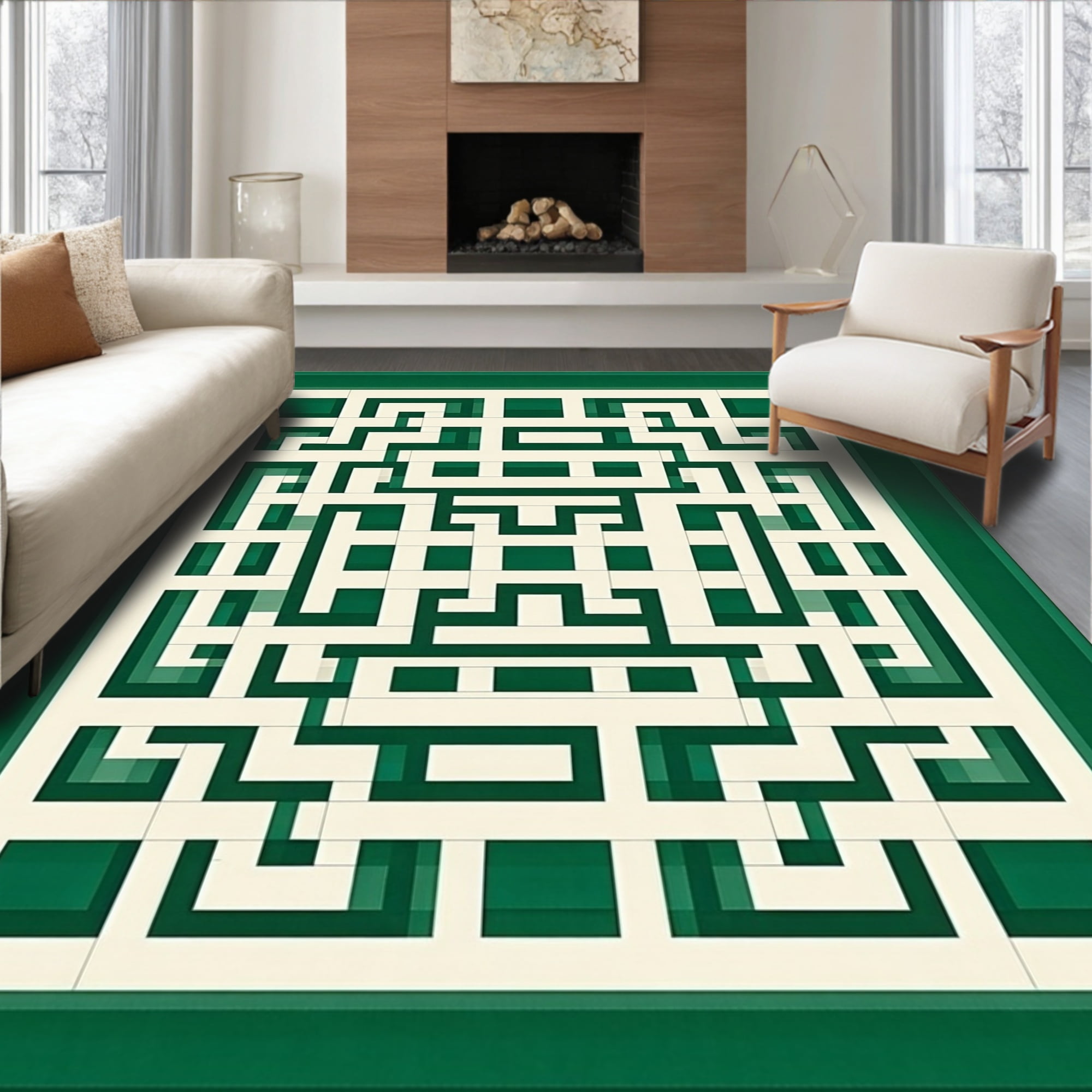 Flatwoven High Traffic Area Rug, Geometric Elegance Emerald & Ivory ...