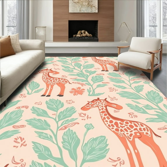 Flatwoven High Traffic Area Rug, Giraffe Dreams Whimsical Wildlife Art ...