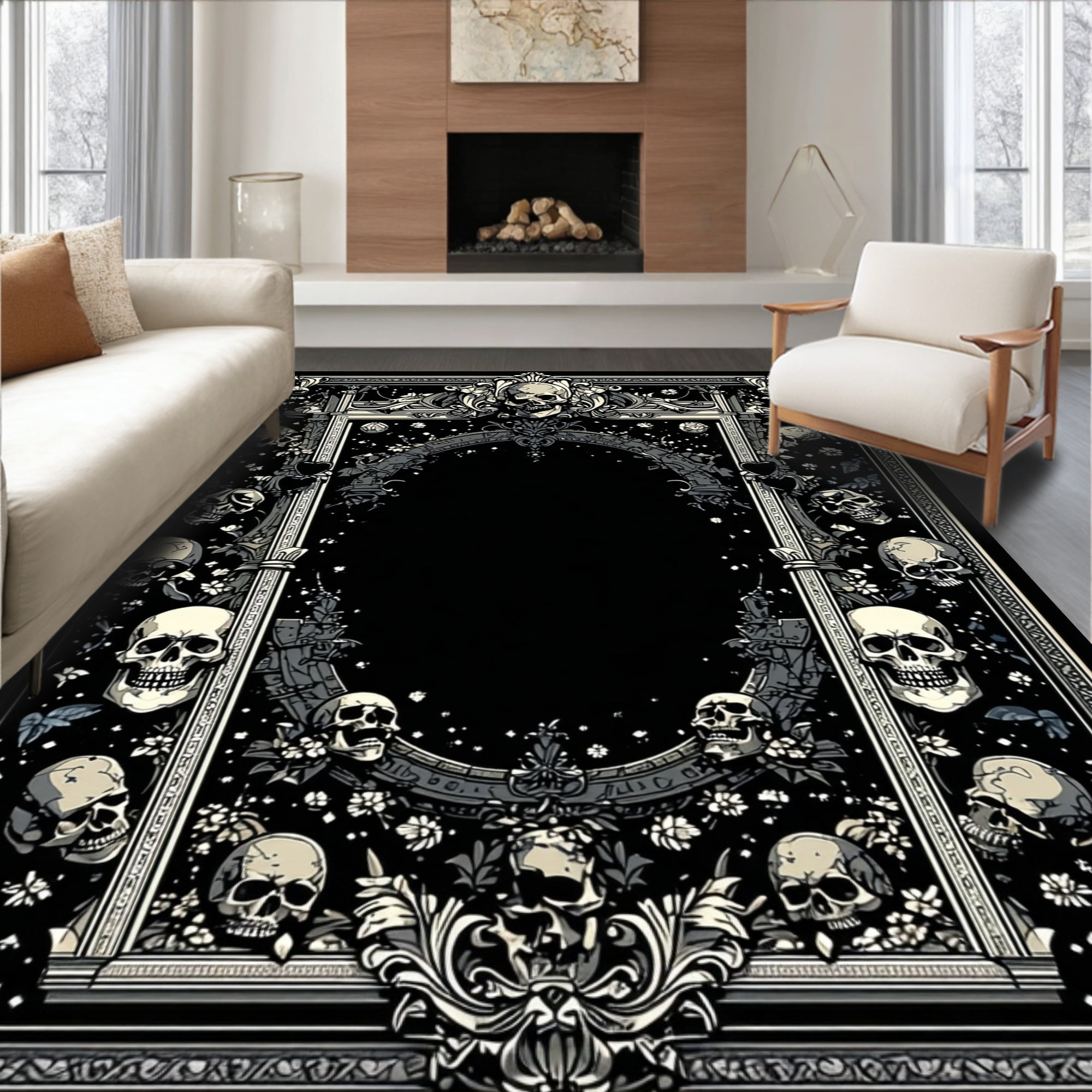 Flatwoven High Traffic Area Rug, Gothic Black Skull Aesthetic, Non Slip ...