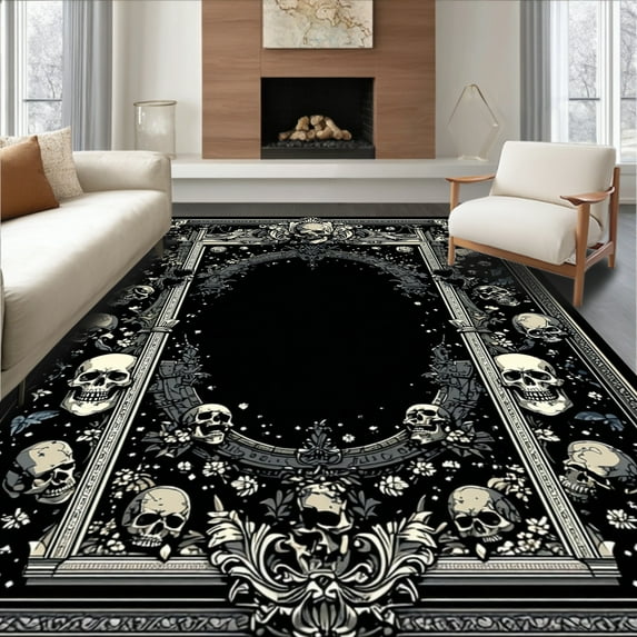 Flatwoven High Traffic Area Rug, Gothic Black Skull Aesthetic, Non Slip ...