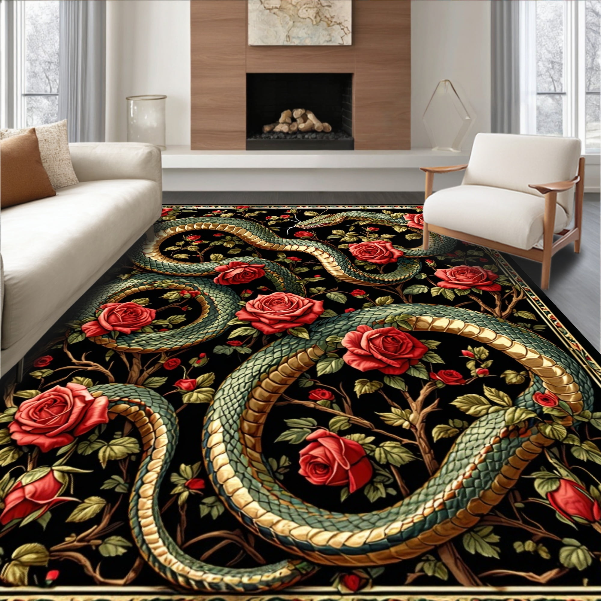 Flatwoven High Traffic Area Rug, Gothic Rose and Serpent Interlocking ...