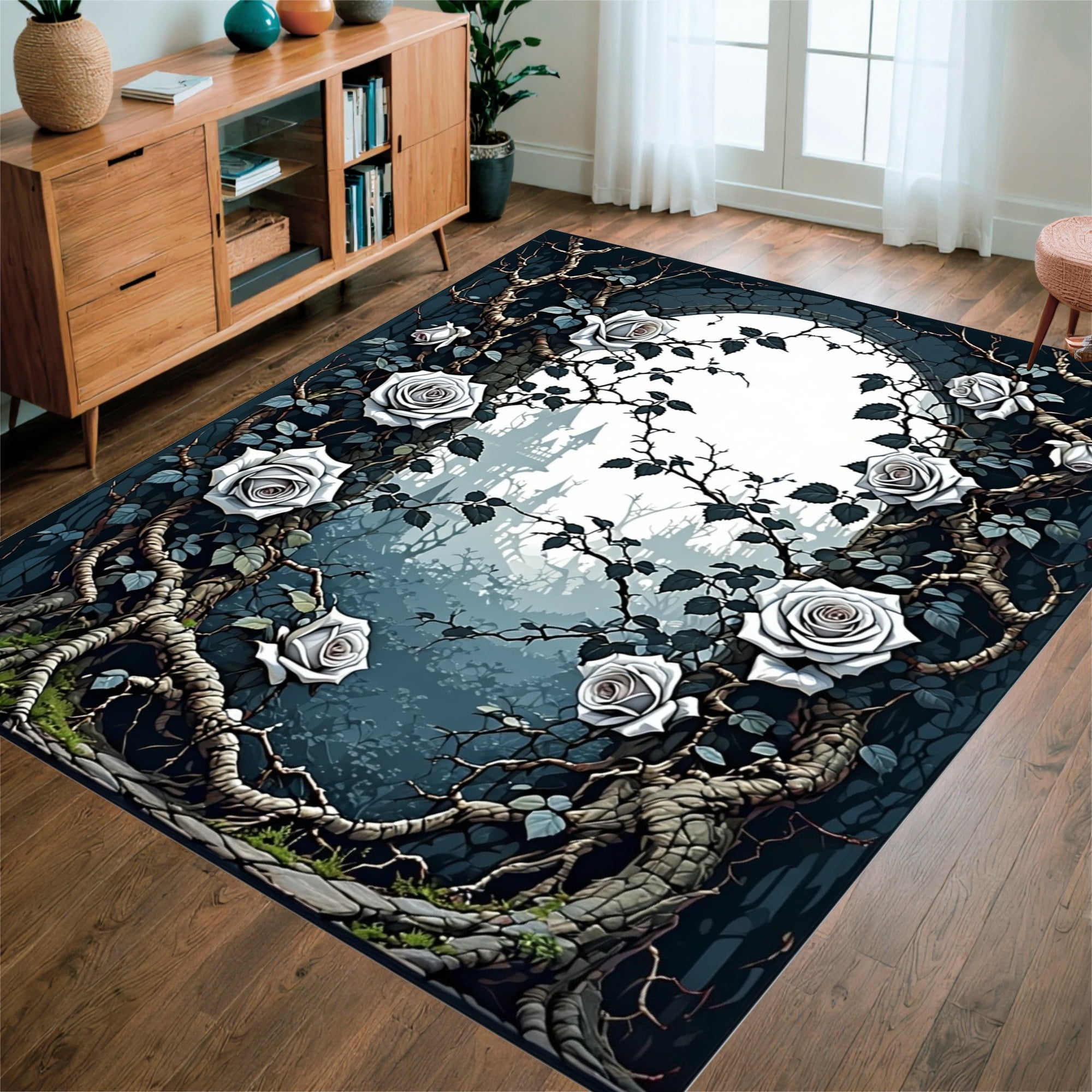Flatwoven High Traffic Area Rug, Gothic Rose & Thorn Vine Silhouette ...