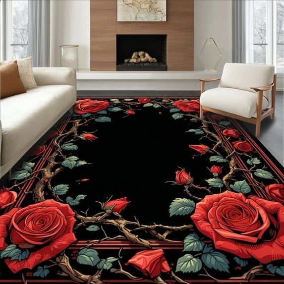 Flatwoven High Traffic Area Rug, Gothic Rose and Thorn Motif Round, Non ...