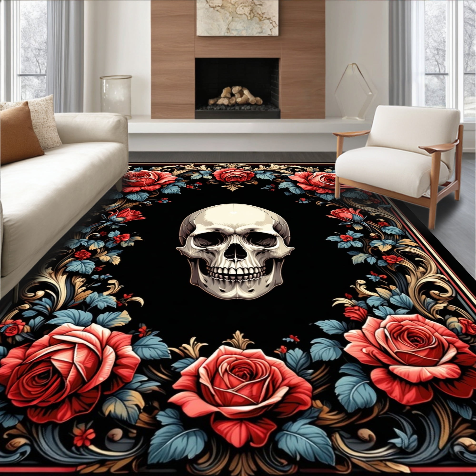 Flatwoven High Traffic Area Rug, Gothic Skull Surrounded by Baroque ...