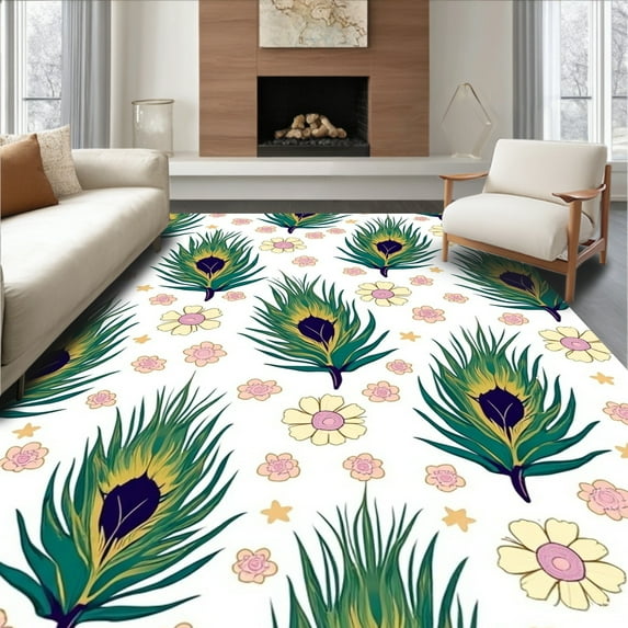 Flatwoven High Traffic Area Rug, Graceful Peacock Feather and Blossom ...