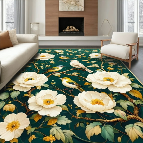 Flatwoven High Traffic Area Rug, Green Floral Garden, Non Slip, Stain ...