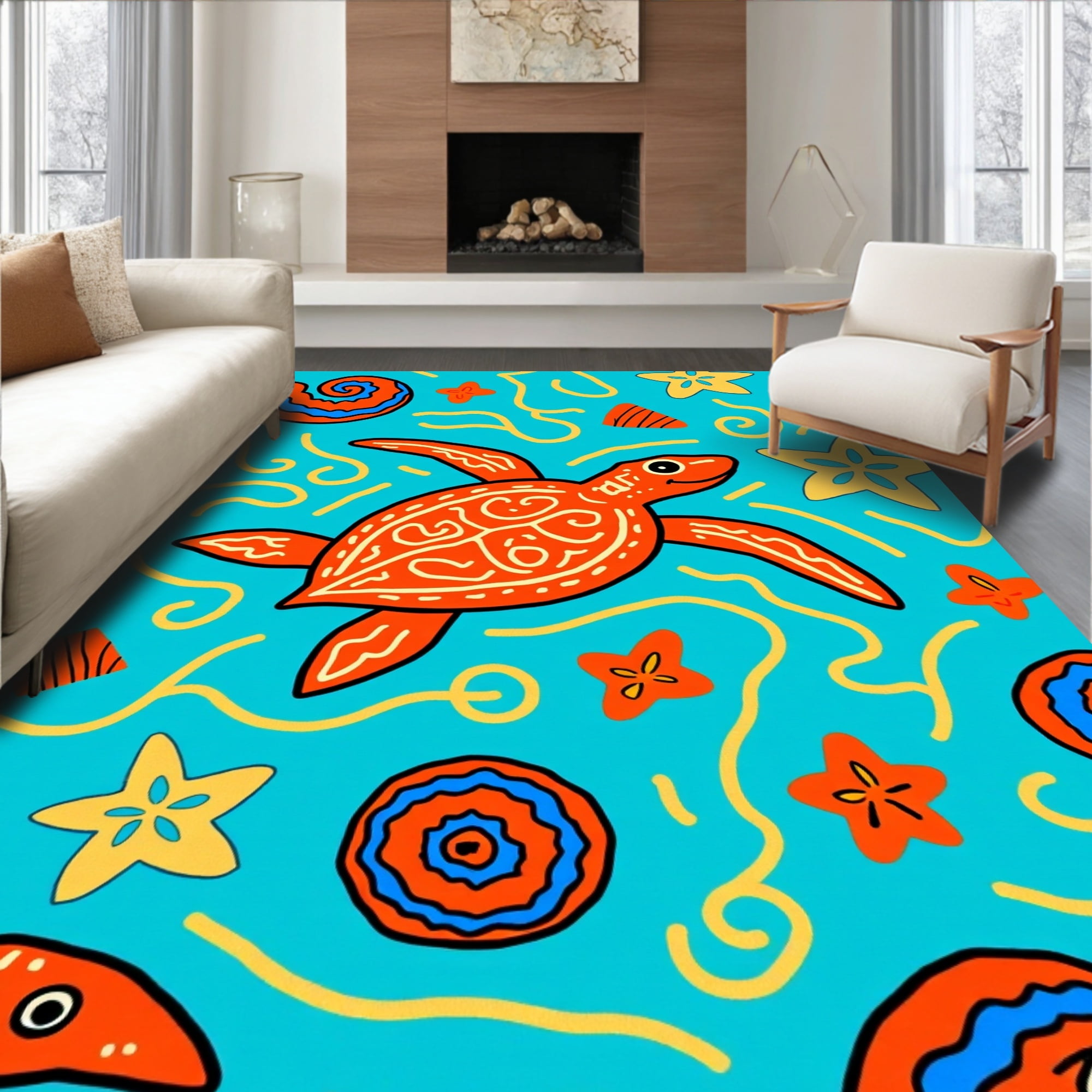 Flatwoven High Traffic Area Rug, Hawaiian Inspired Turtle and Marine ...
