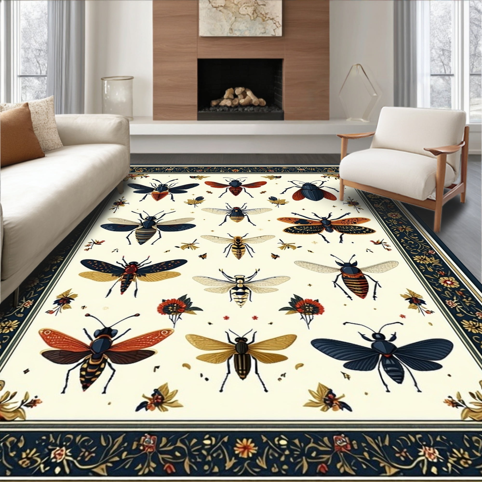 ODIKA 5'x7' Machine Washable Non-Slip Area Rug, Insect Motif Whimsical ...