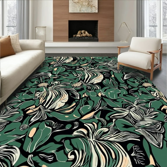 Flatwoven High Traffic Area Rug, Interwoven Tropical Leaves and Dynamic ...