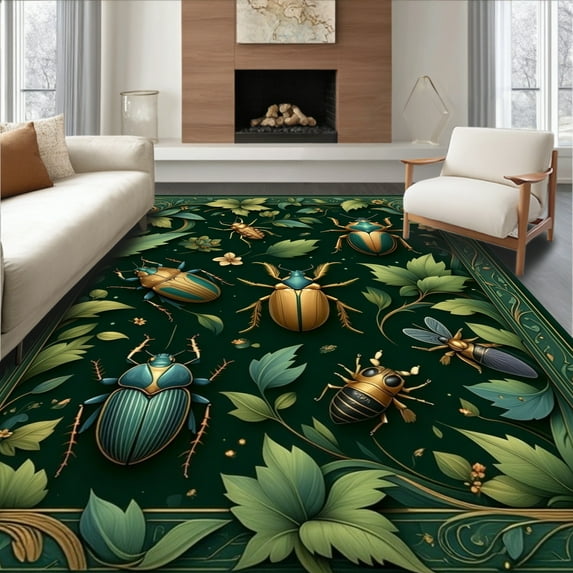 Flatwoven High Traffic Area Rug, Intricate Beetle Motifs with Leafy ...