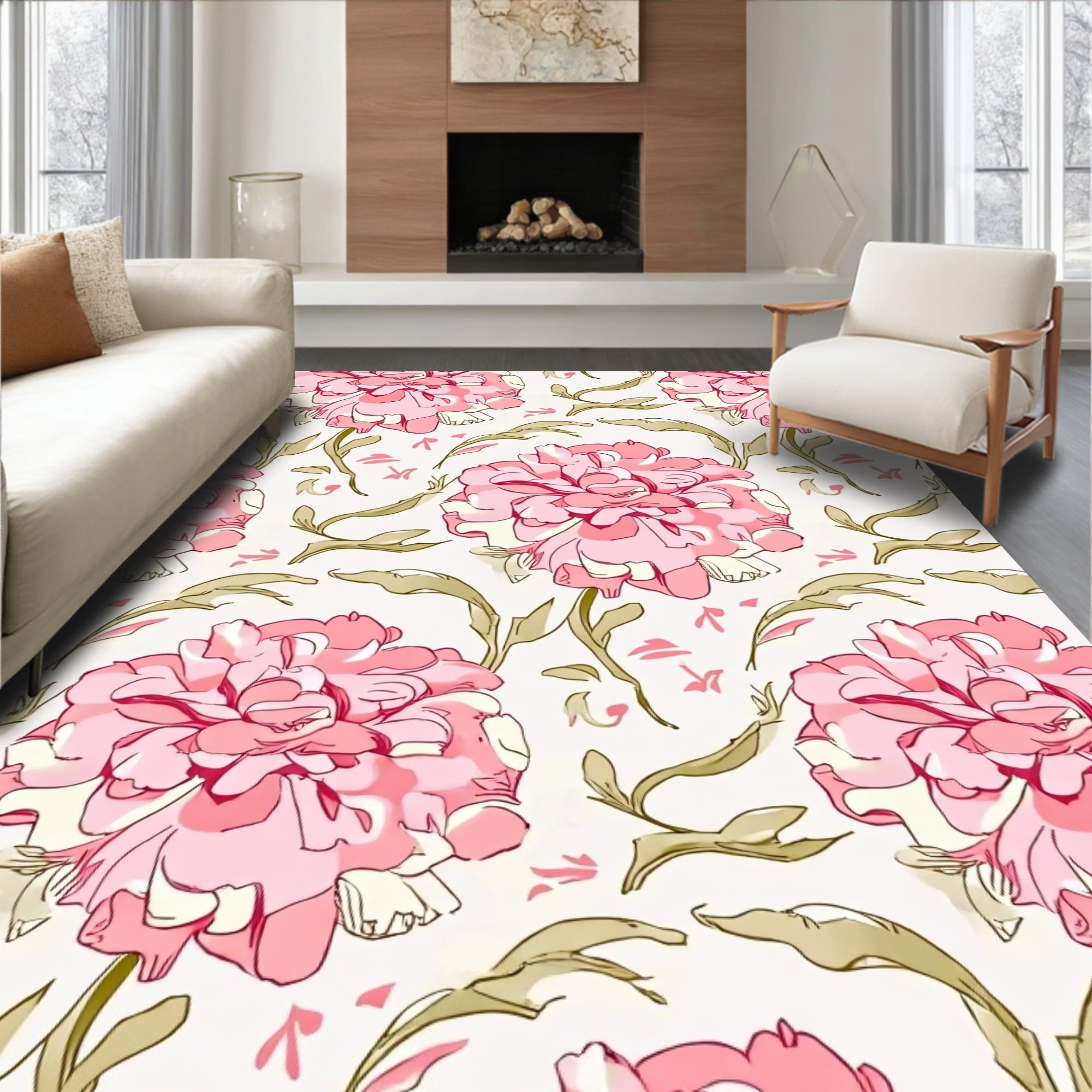 Flatwoven High Traffic Area Rug, Intricate Peony Blossom Interwoven ...