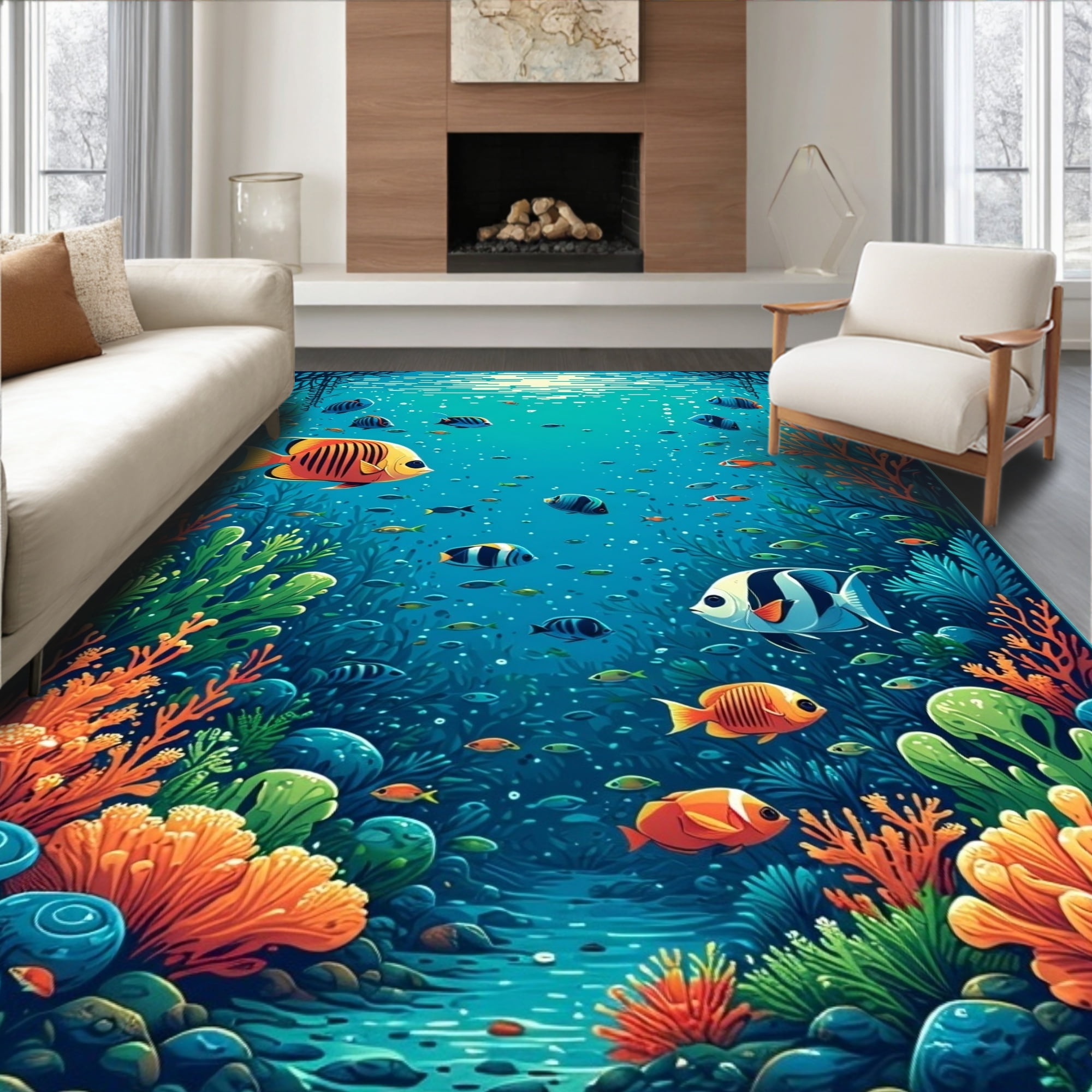 Flatwoven High Traffic Area Rug, Intricate Tropical Fish Design with ...