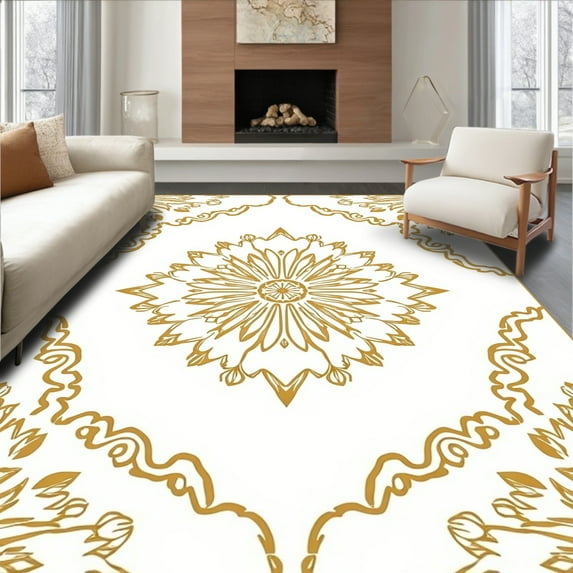 Flatwoven High Traffic Area Rug, Ivory Medallion Elegant Design, Non ...
