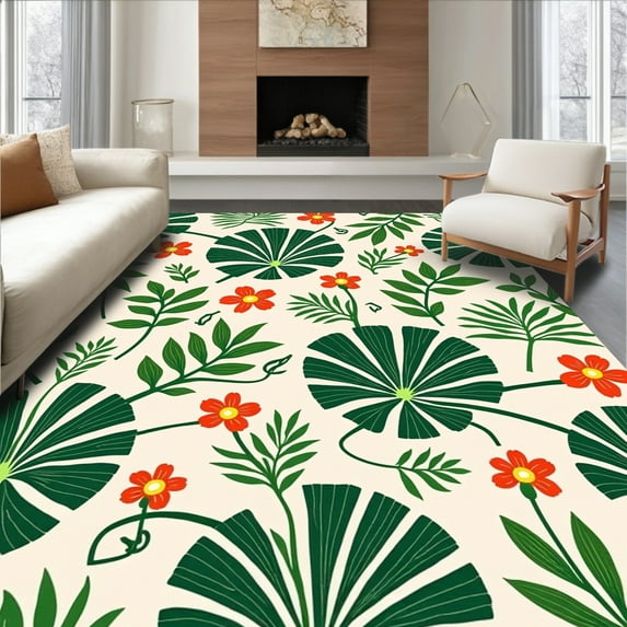Flatwoven High Traffic Area Rug, Jungle Bloom Play Mat, Non Slip, Stain ...