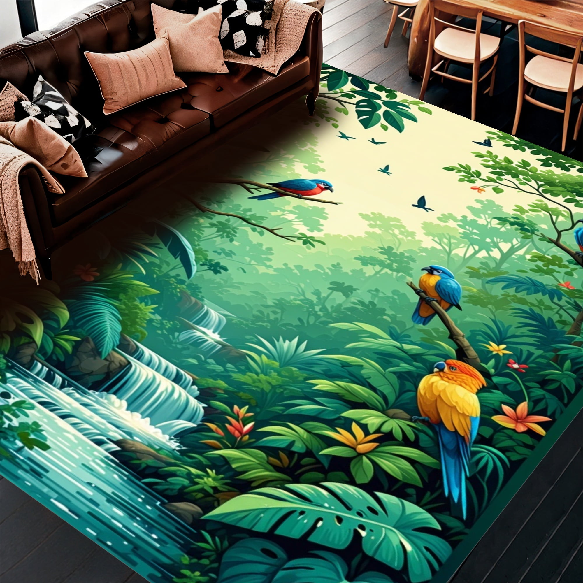 Flatwoven High Traffic Area Rug, Jungle Canopy Exotic Birds & Foliage ...