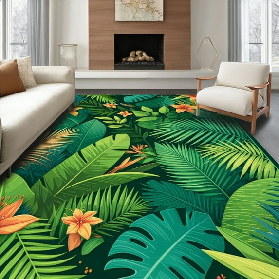Flatwoven High Traffic Area Rug, Jungle Canopy Tropical Flora & Fauna ...