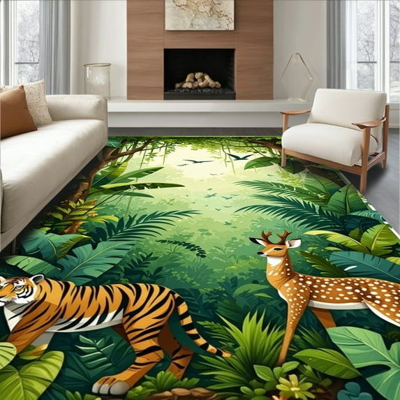 Flatwoven High Traffic Area Rug, Jungle Dream Botanical Green & Exotic ...
